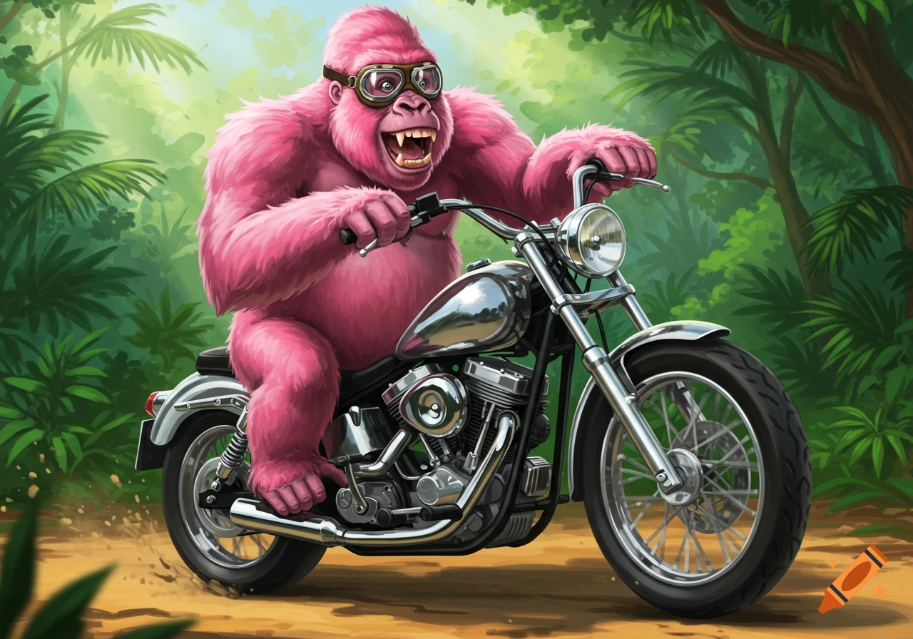 A cartoon pink gorilla rides a motorcycle through a jungle. on Craiyon