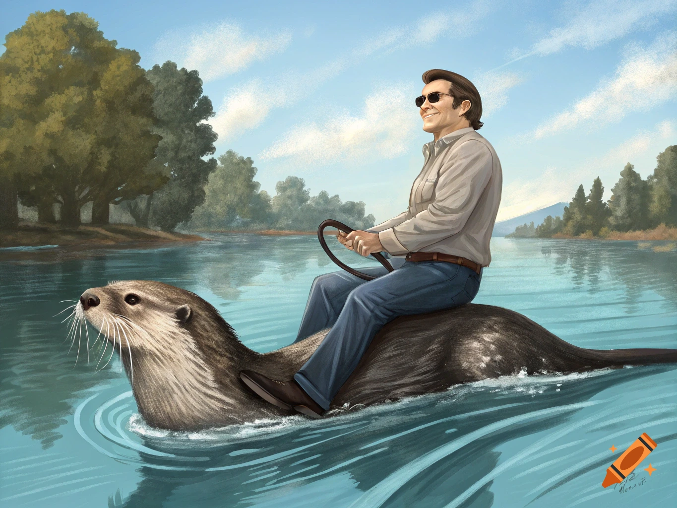 Illustration of a man in sunglasses riding an otter on a river. on Craiyon