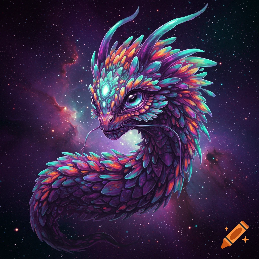 A colorful, feathery dragon floats in a starry galaxy. on Craiyon
