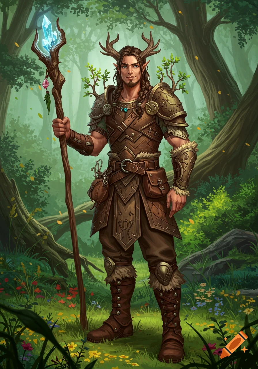 Fantasy illustration of a male druid warrior with antlers and ornate ...