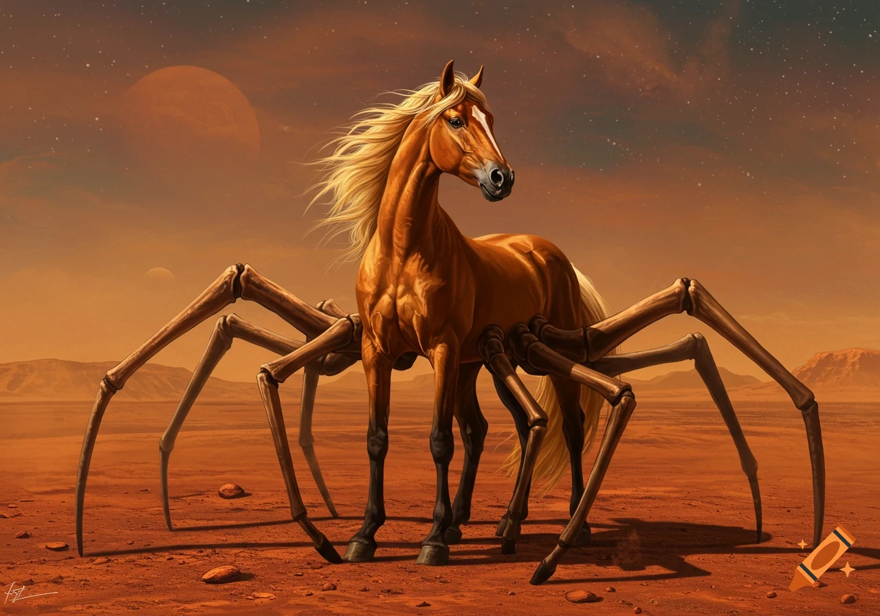 A horse with spider legs stands on a red planet under an orange sky. on ...
