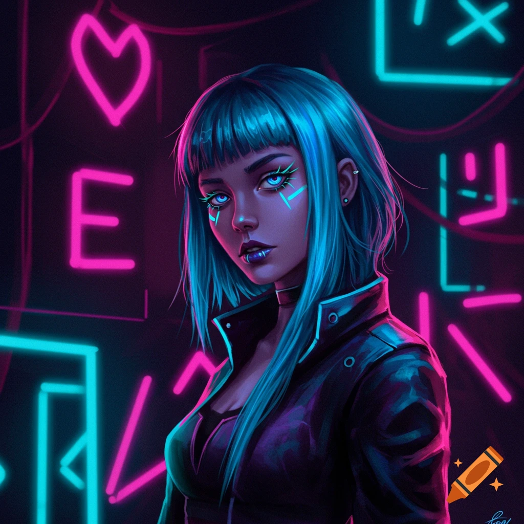 Cyberpunk portrait of a woman with blue hair and neon makeup in front ...