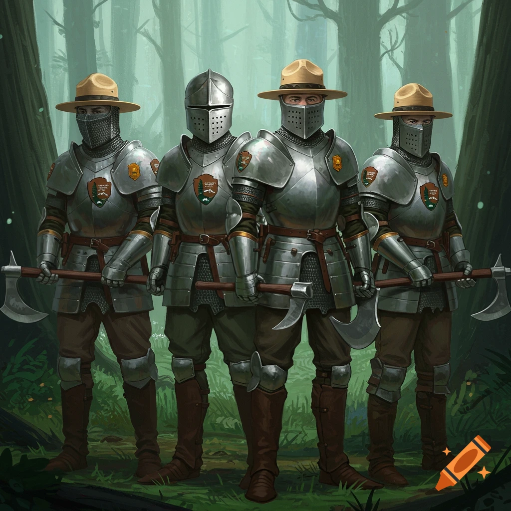 Four figures in knight armor and ranger hats stand in a forest holding ...