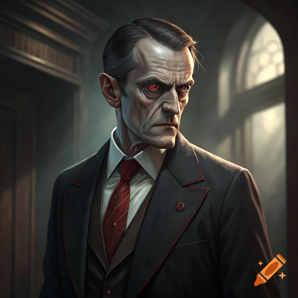 Portrait of a stern man with red eyes in a dark suit and tie. on Craiyon