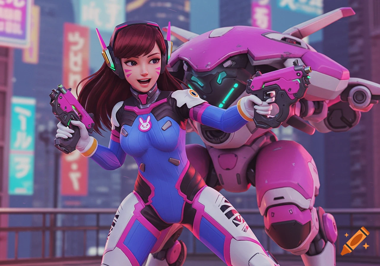 D.VA stands with her pink mech in a futuristic city, holding pistols ...
