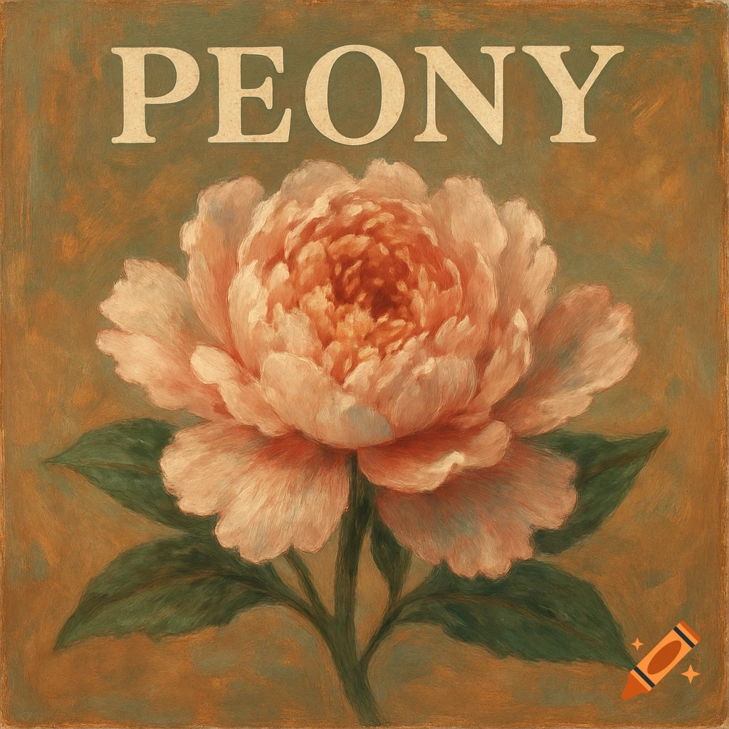 Painted image of a pink peony flower with the word PEONY at the top. on ...