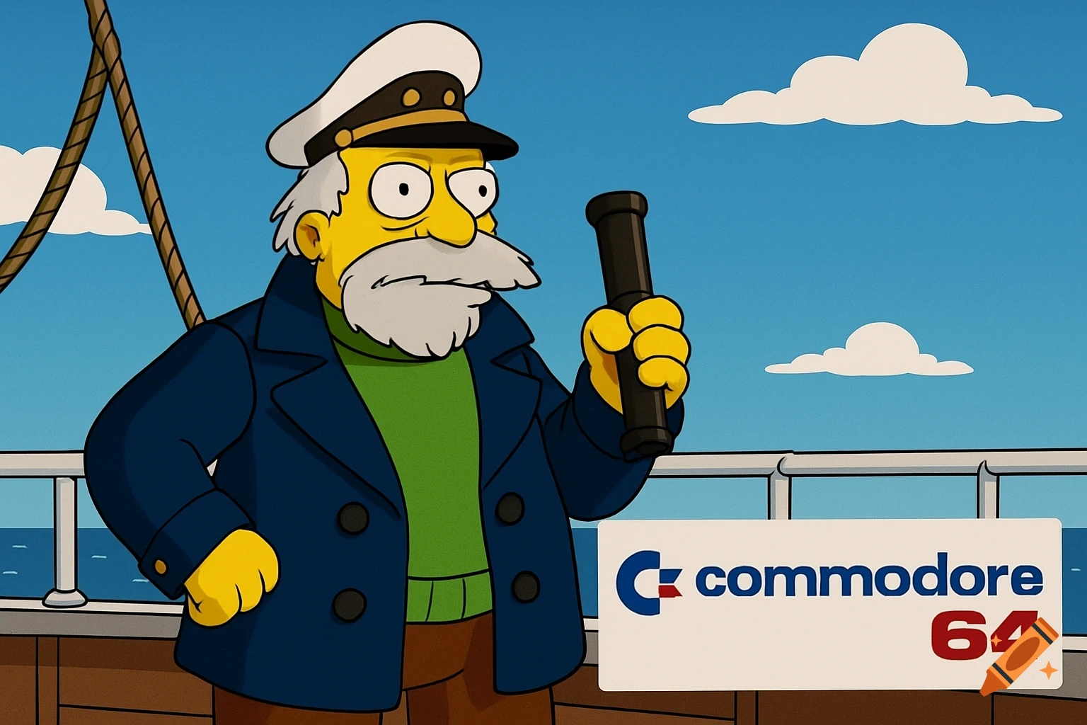 A character in The Simpsons style, dressed as a captain, stands on a ...