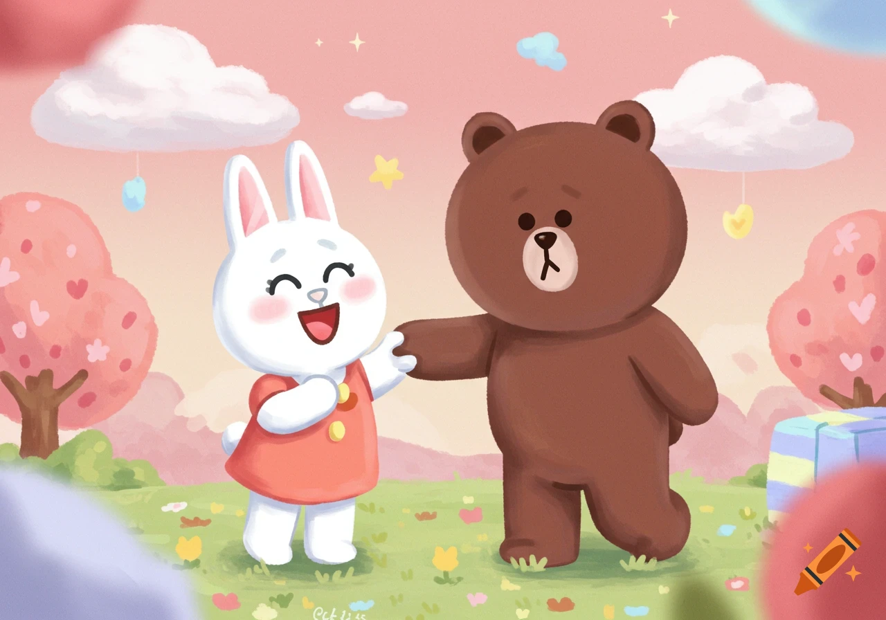 Illustration of Line Friends characters Cony the rabbit and Brown the ...