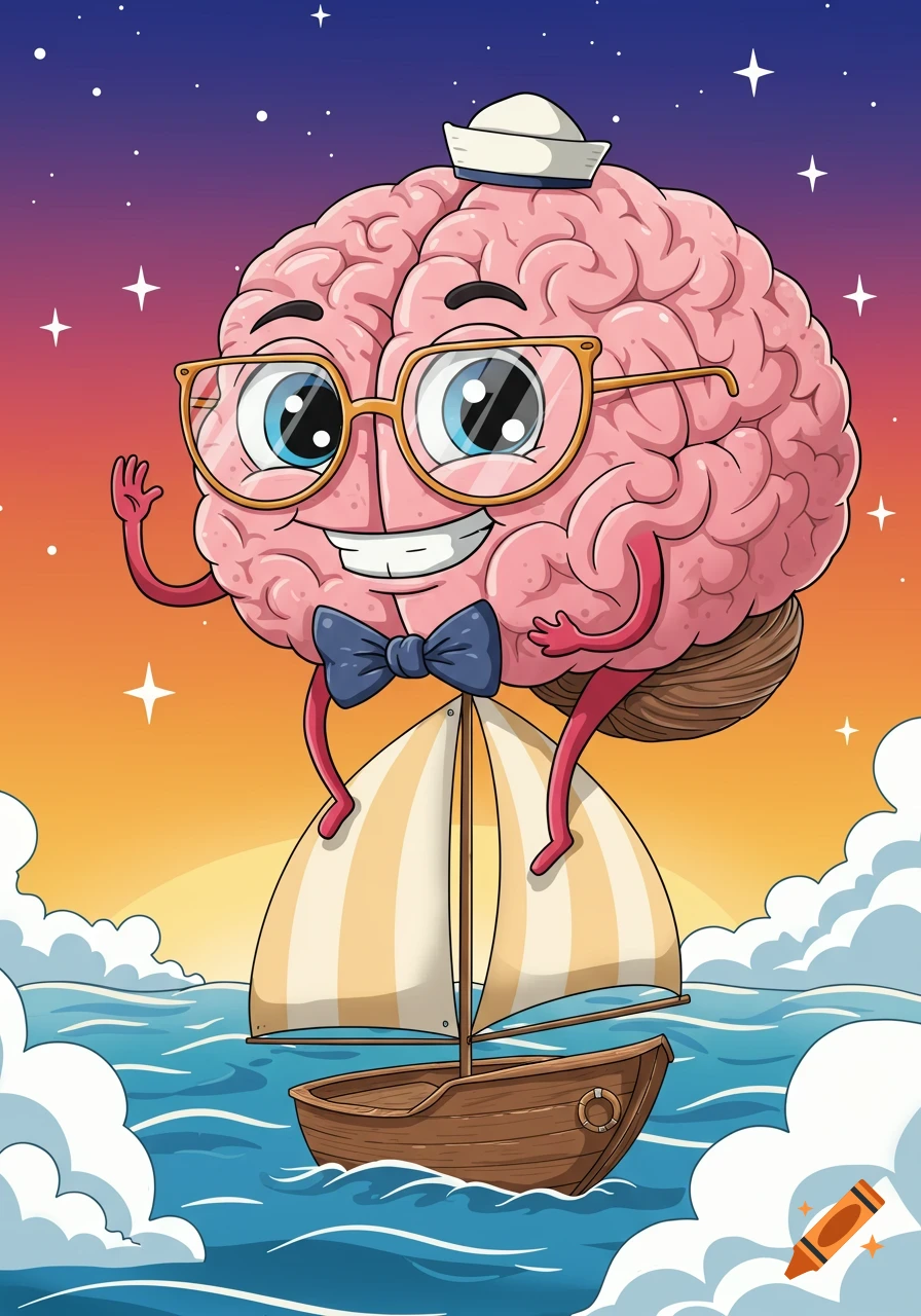 Cartoon pink brain with glasses, bow tie, and sailor hat waves from a ...