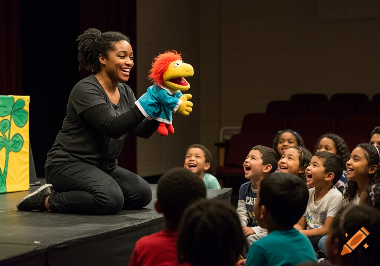 Woman with puppet performing for group of laughing children on Craiyon