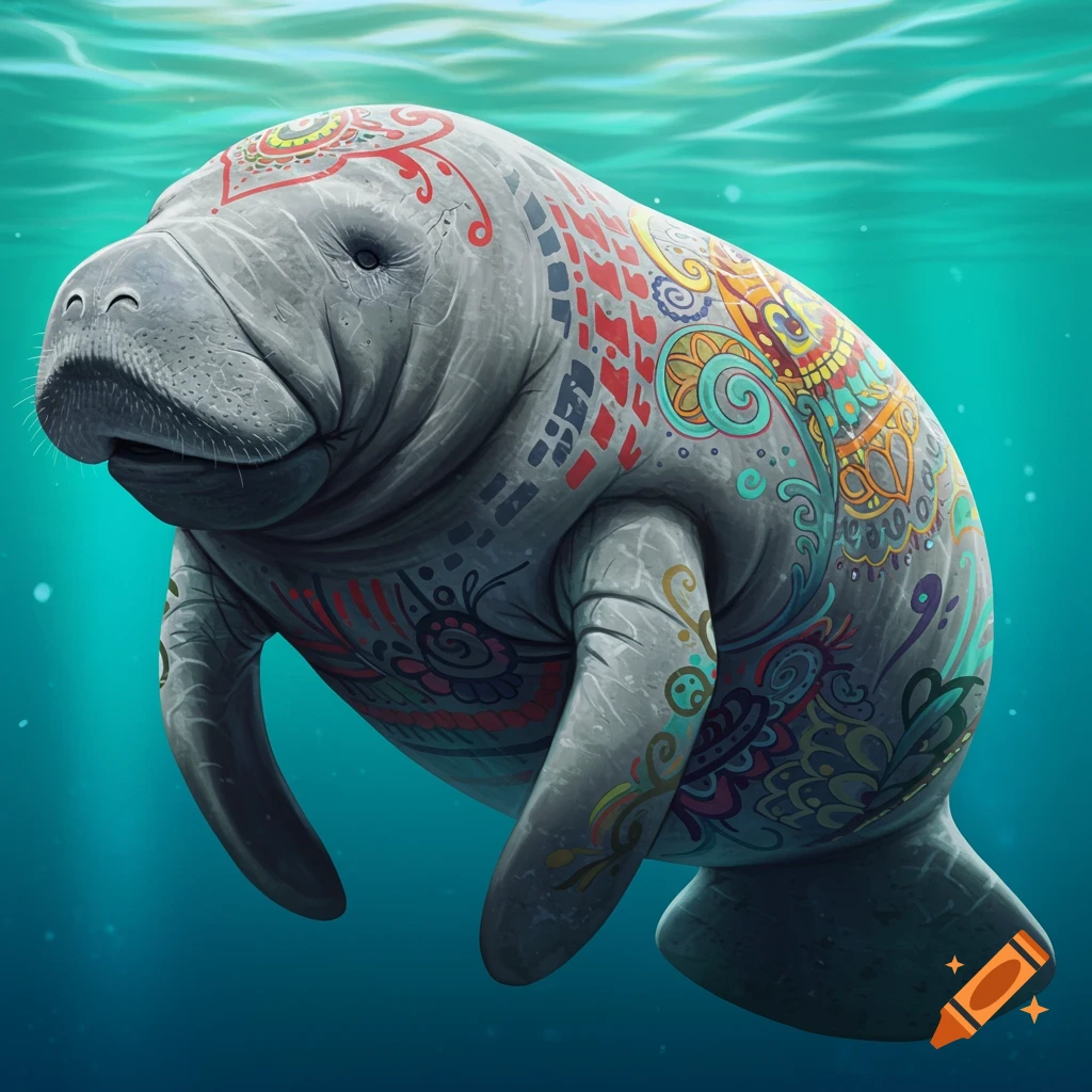 Hyper-realistic illustration of a manatee covered in colorful ...