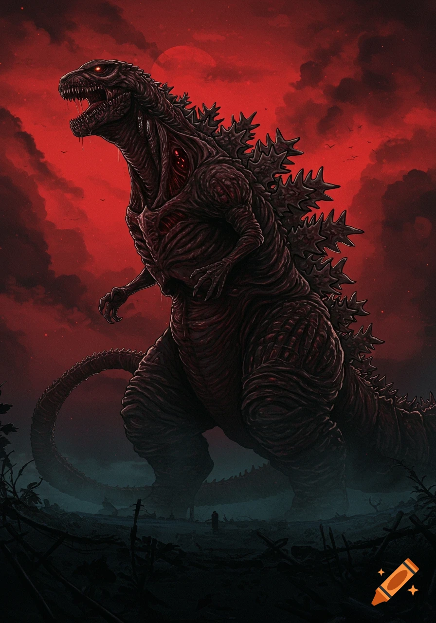 Shin Godzilla stands against a red, cloudy sky, a desolate landscape ...
