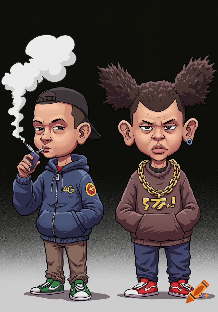 A cartoon drawing of two kids in street clothes. One is vaping, wearing ...