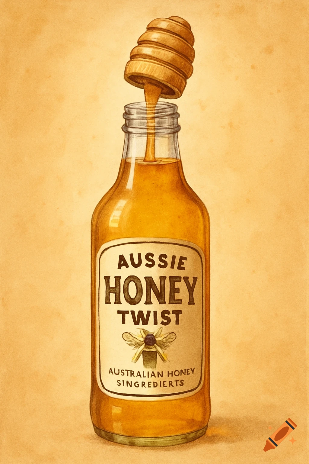 Illustration of a bottle labeled 'Aussie Honey Twist' with a honey ...