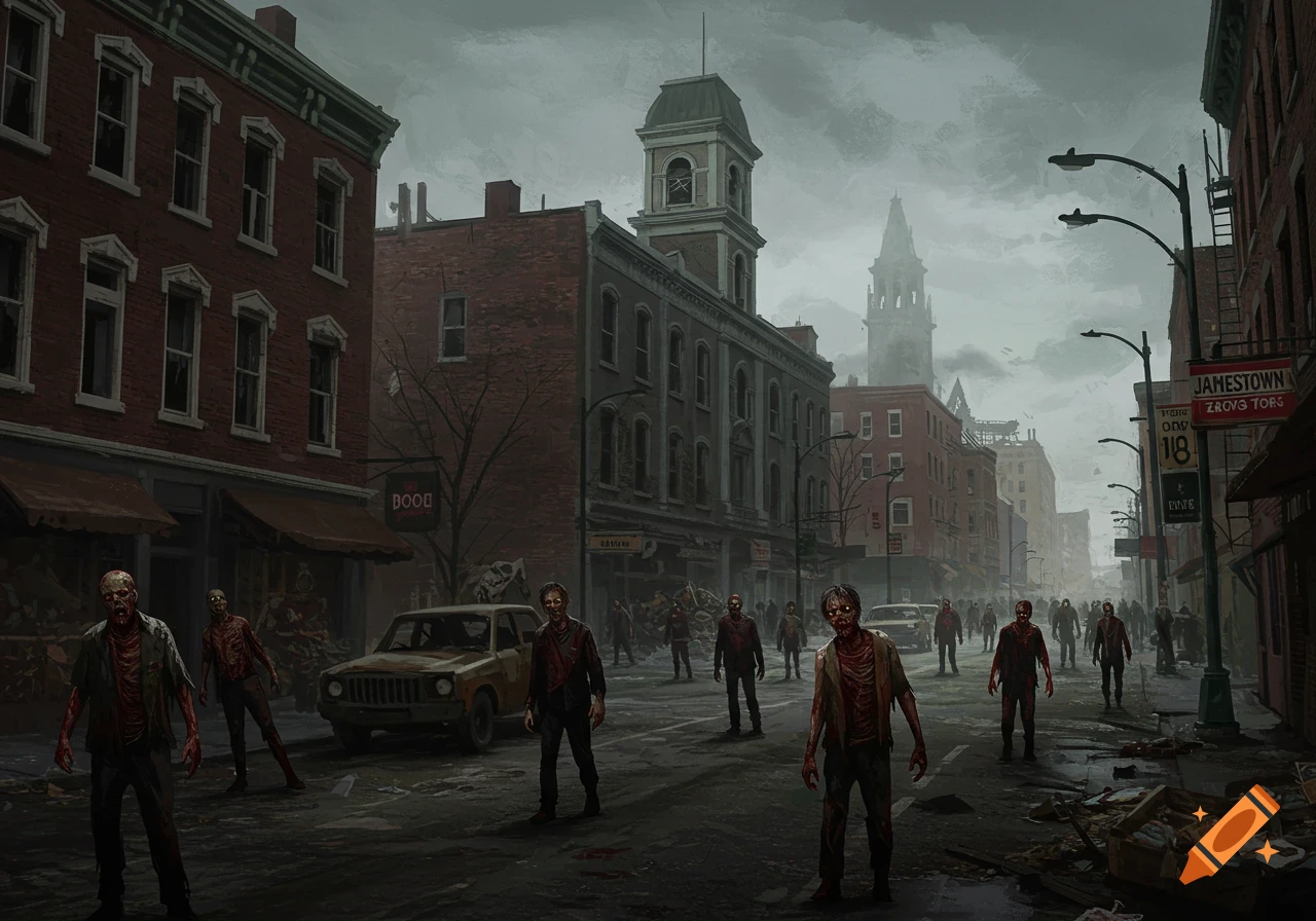 A horde of zombies shambles down a deserted city street lined with old ...