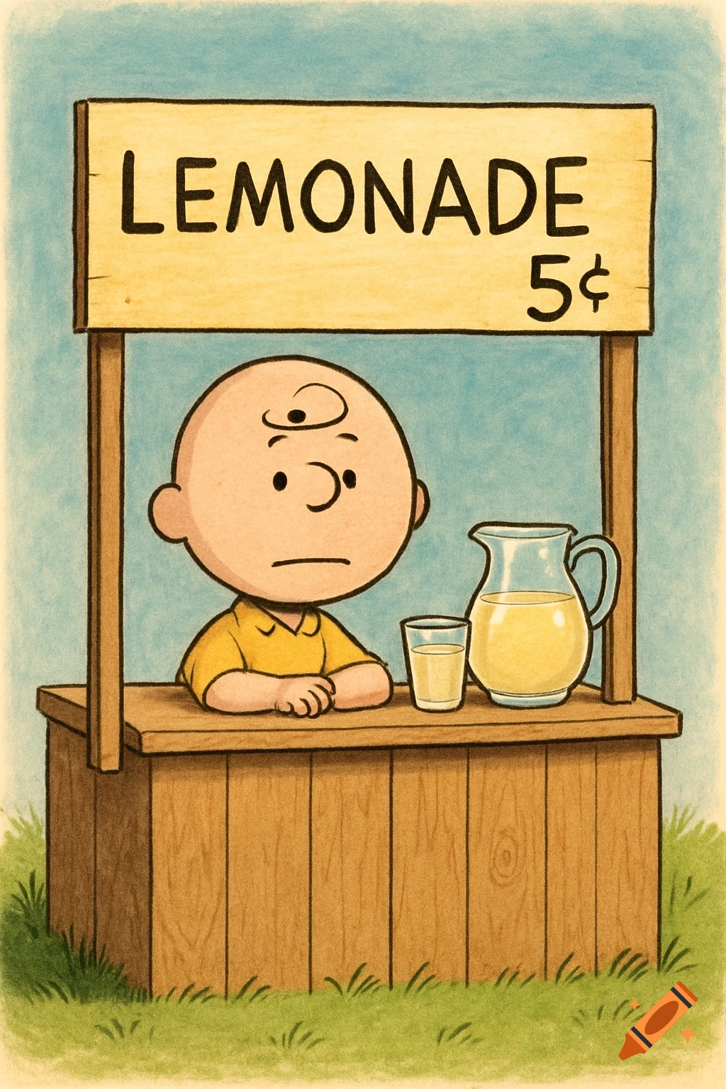 Charlie Brown stands behind a lemonade stand in a cartoon style. on Craiyon