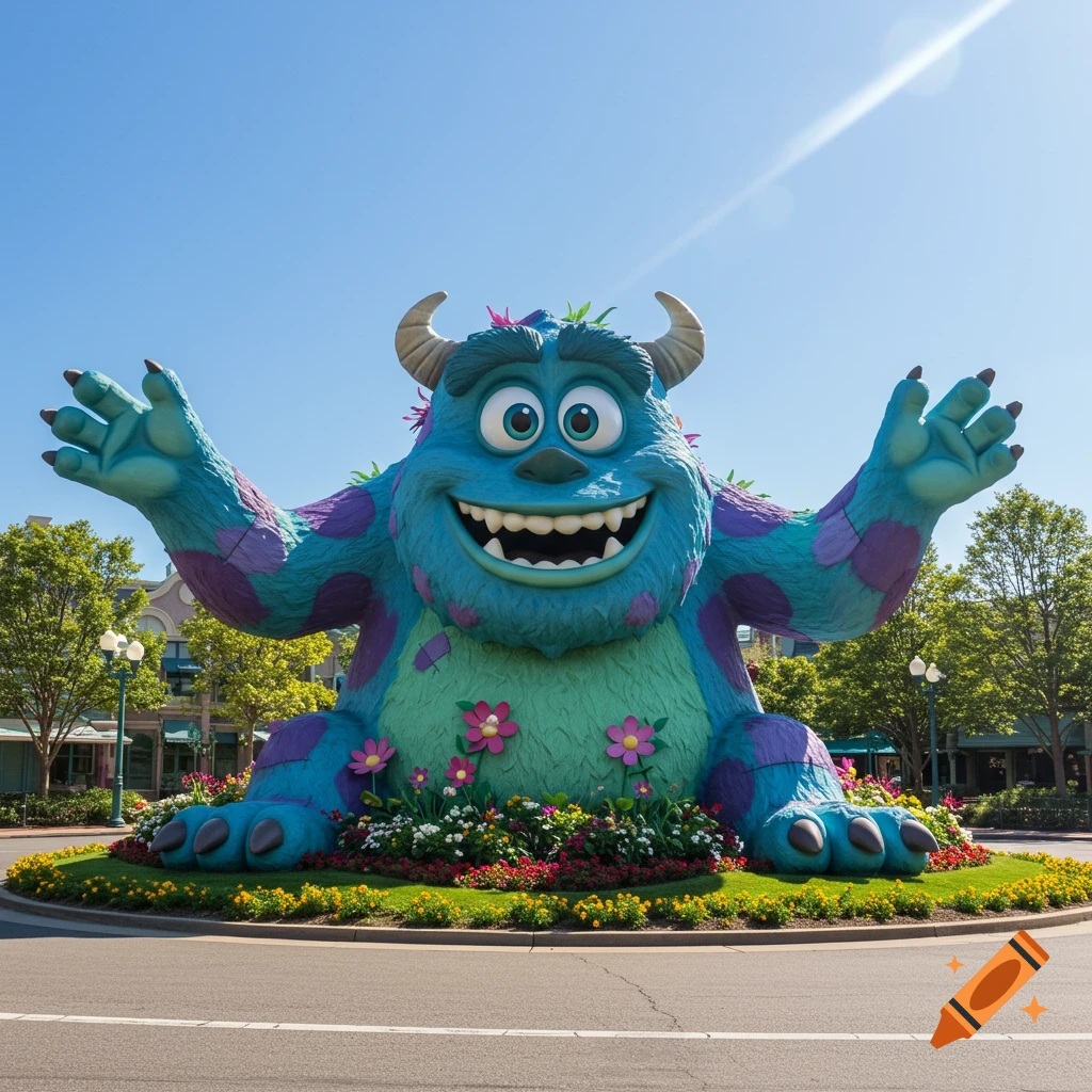 Large blue monster statue sits in a flower-filled roundabout under a ...