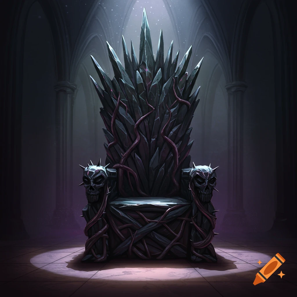A dark, spiky fantasy throne with skull armrests sits in a spotlight ...