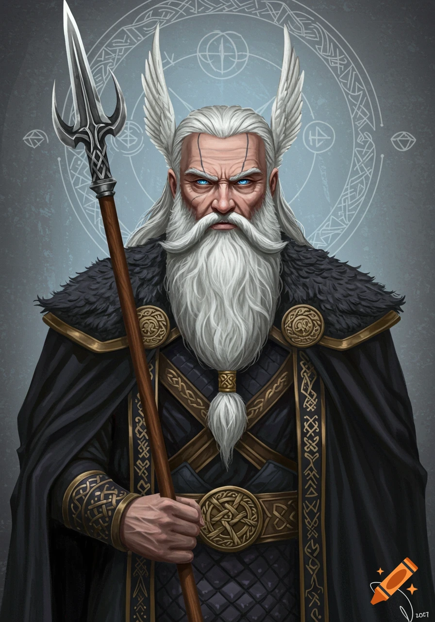 An illustration of Odin with a white beard, blue eyes, black cape with ...