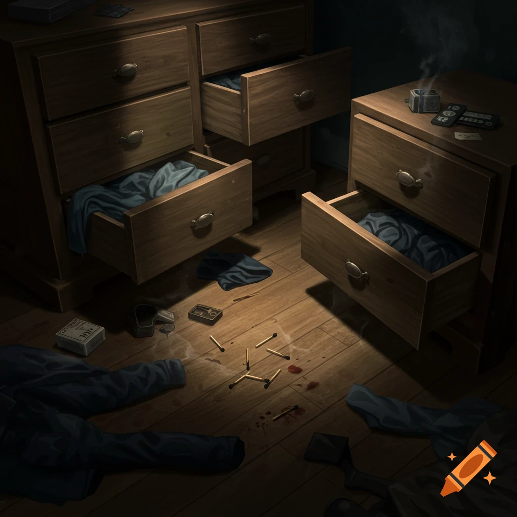 Messy room with open drawers, clothing on the floor, scattered burnt ...