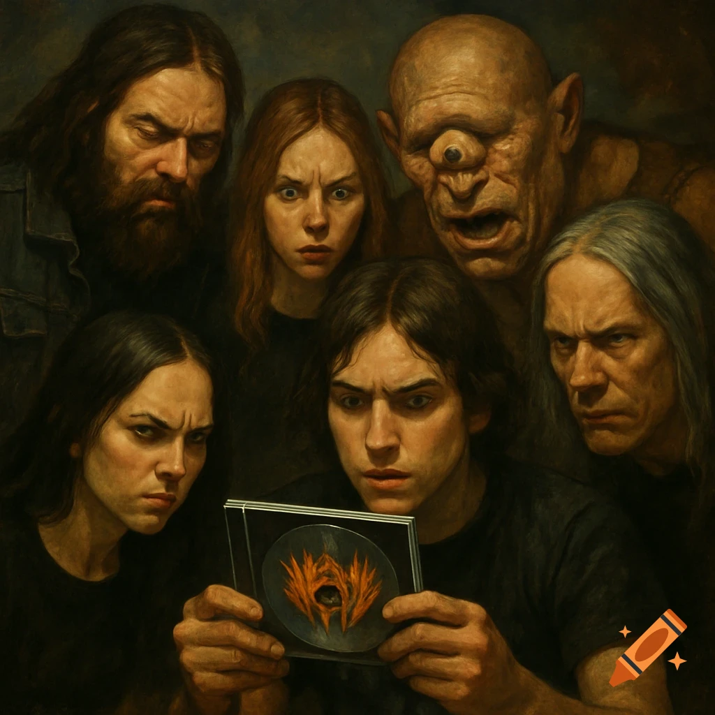 Six people and a cyclops look intently at a heavy metal CD on Craiyon