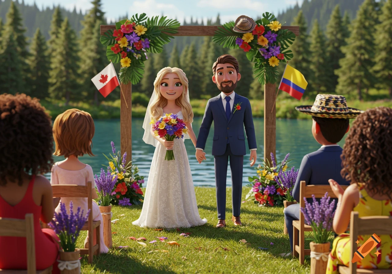 A 3D animation of a couple getting married outdoors with guests, flags ...