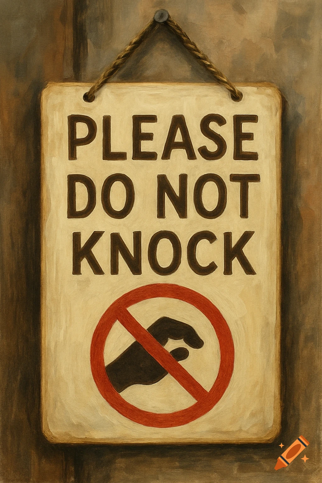 Hand-painted 'PLEASE DO NOT KNOCK' sign with hand symbol on a wooden ...