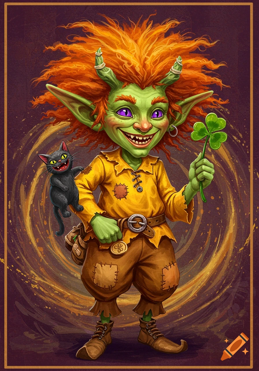 A green goblin-like creature with bright orange hair holds a clover ...