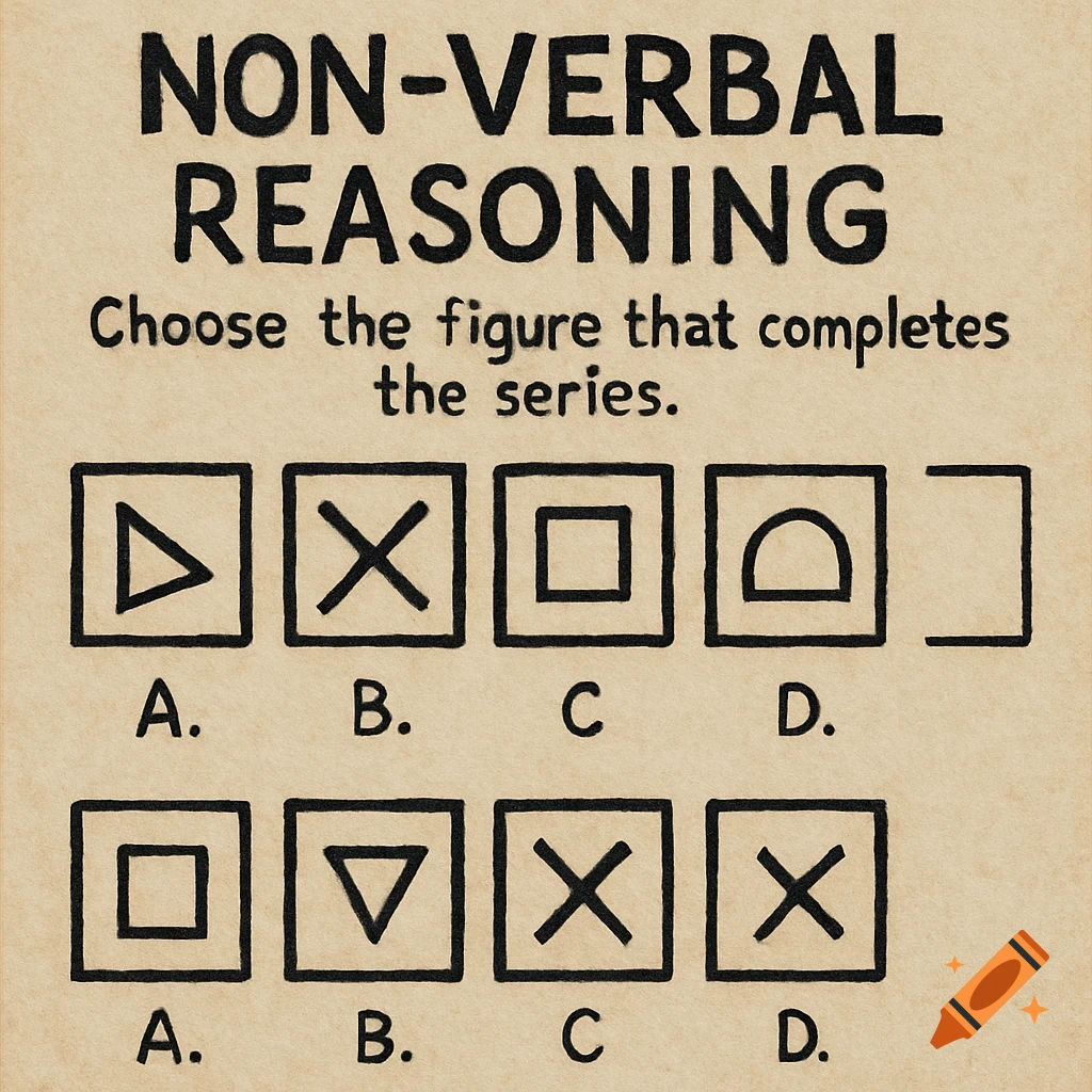 A non-verbal reasoning test diagram with shapes and options. on Craiyon
