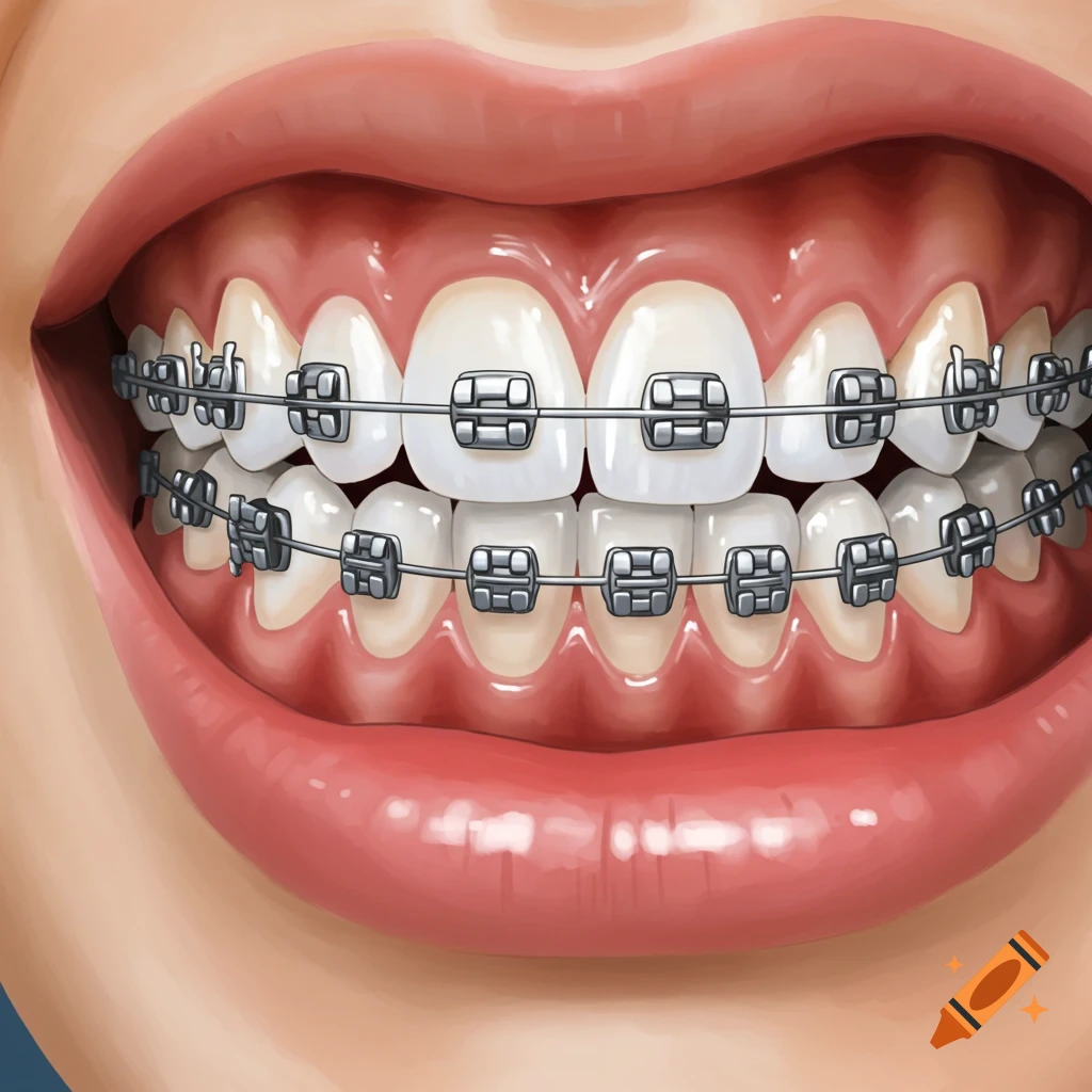 Close-up digital illustration of a mouth with dental braces. on Craiyon