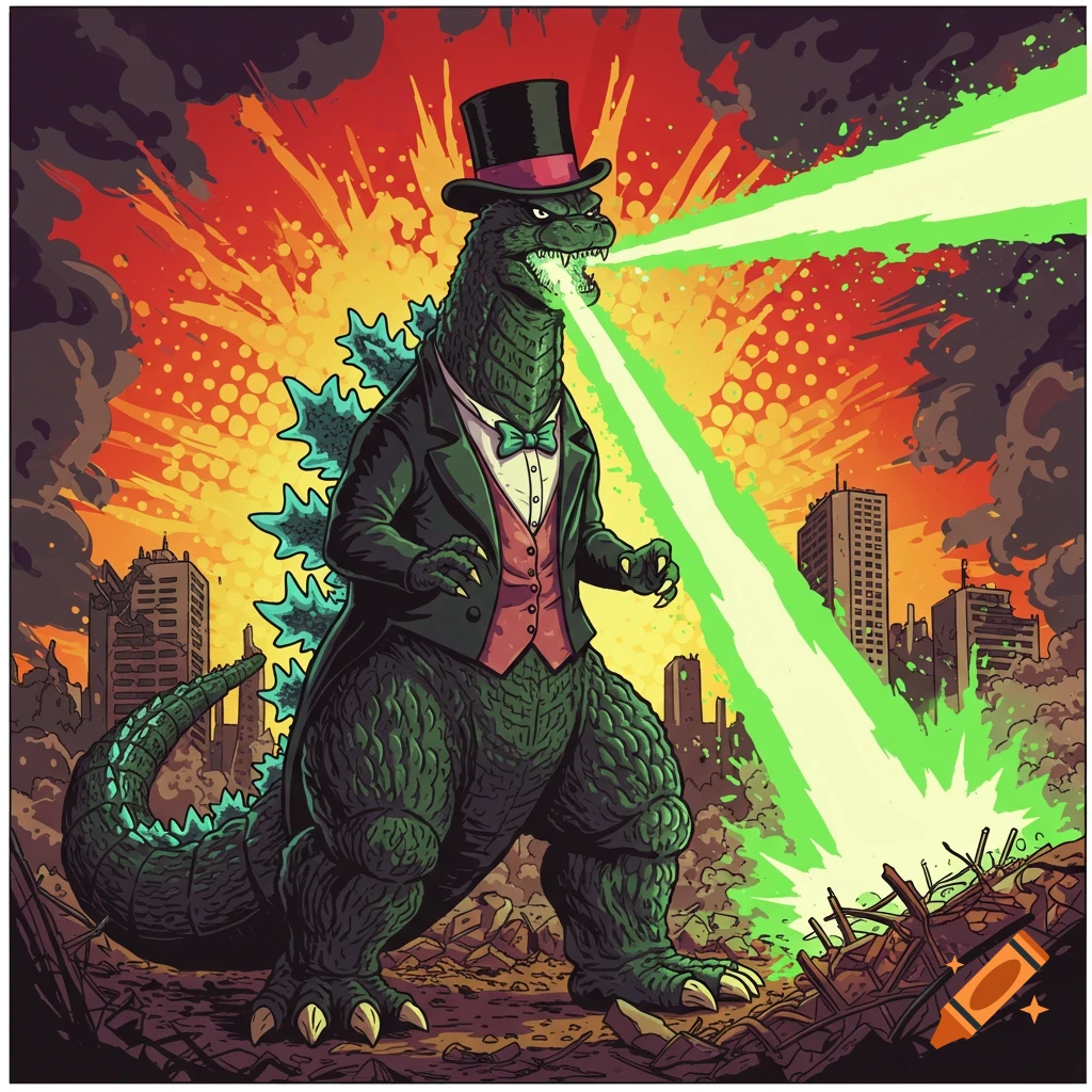 Illustration of Godzilla in a top hat and suit attacking a city with a ...