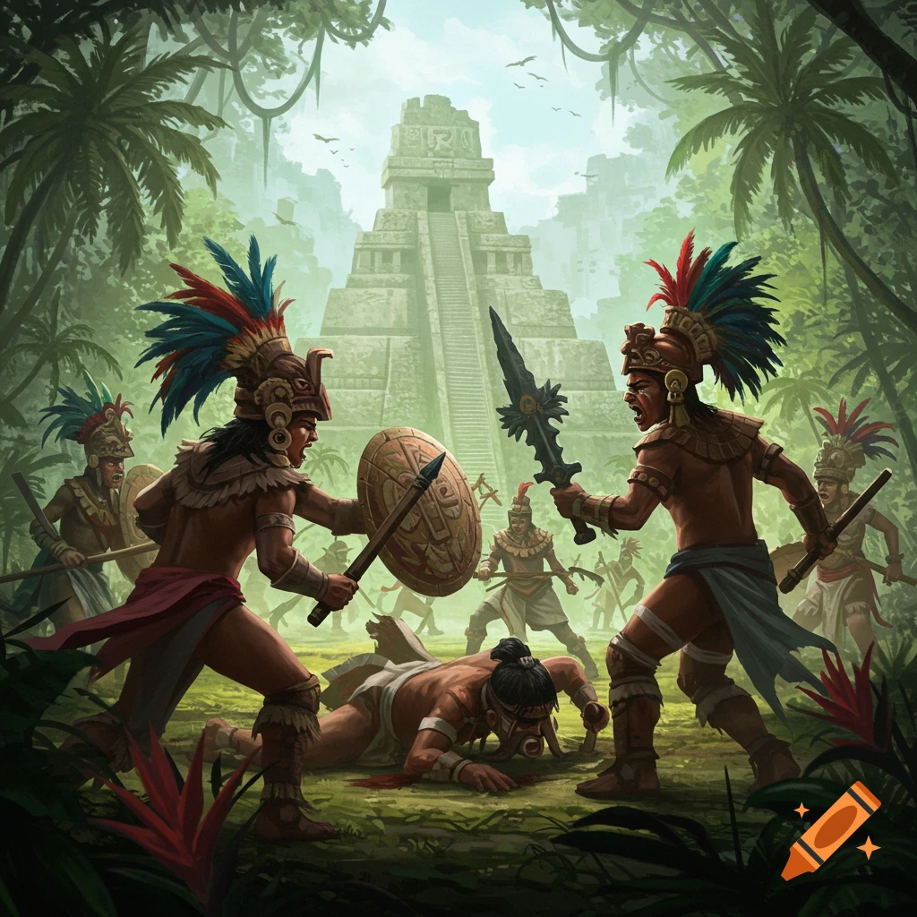 Mayan warriors in a battle near a stone pyramid in a jungle clearing. on Craiyon