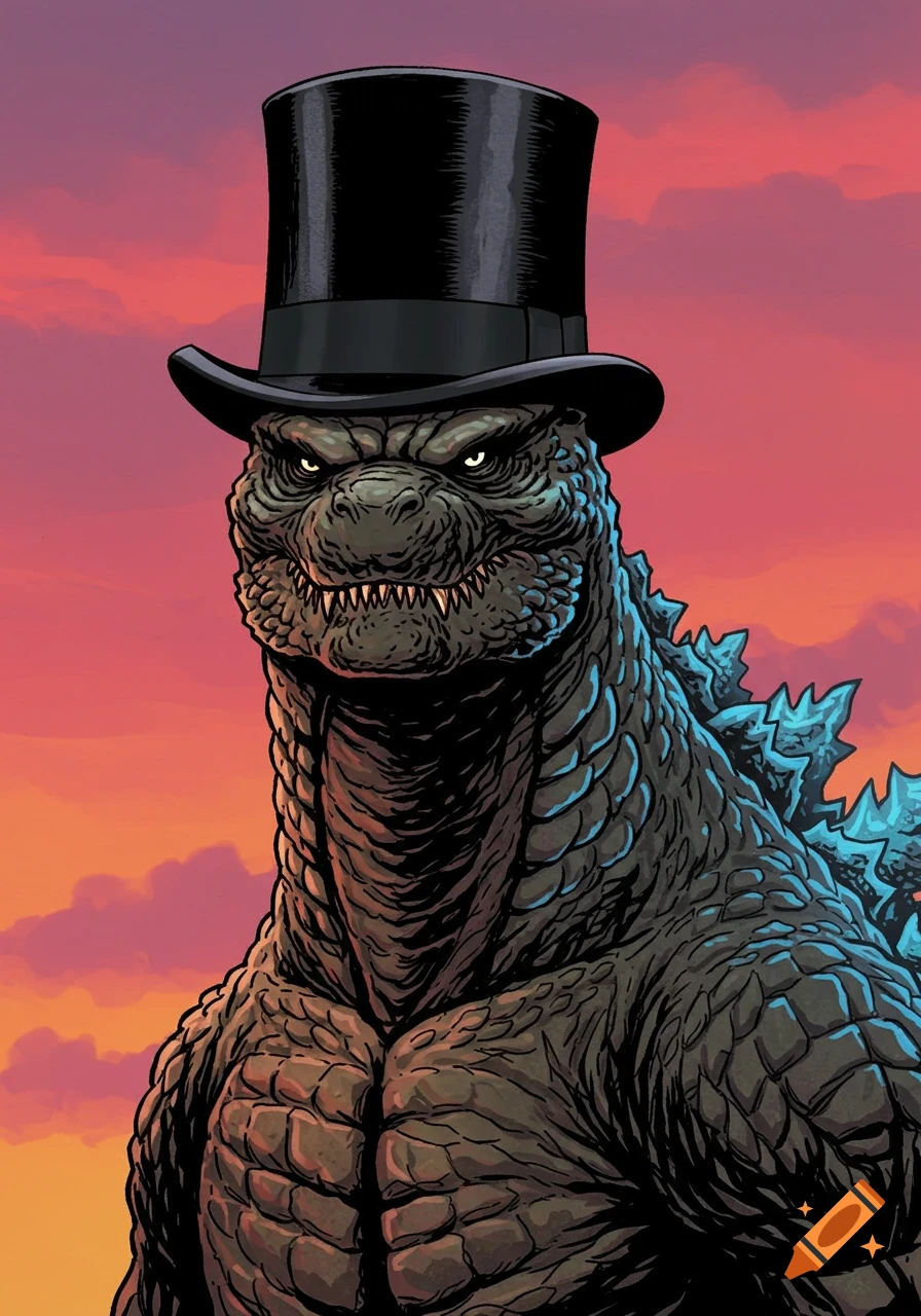 Godzilla wearing a black top hat against a sunset sky in a comic book ...