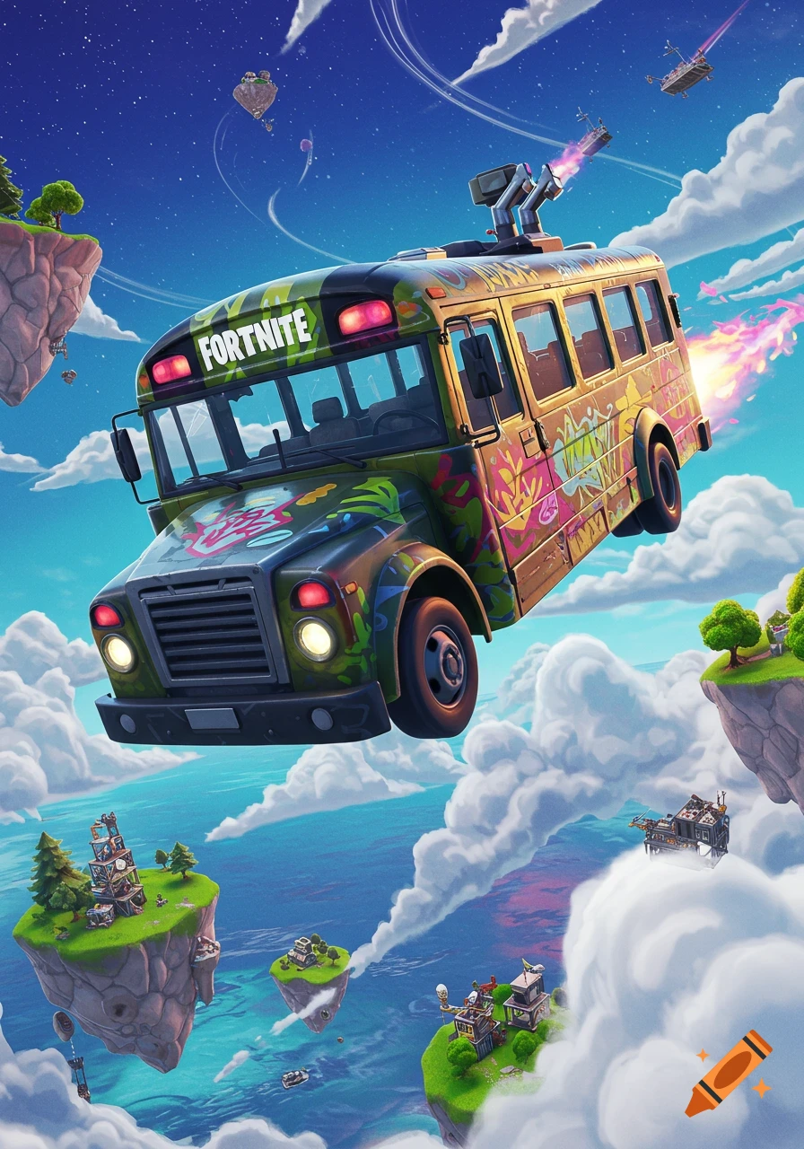 A flying Fortnite battle bus soars over floating islands in a stylized ...