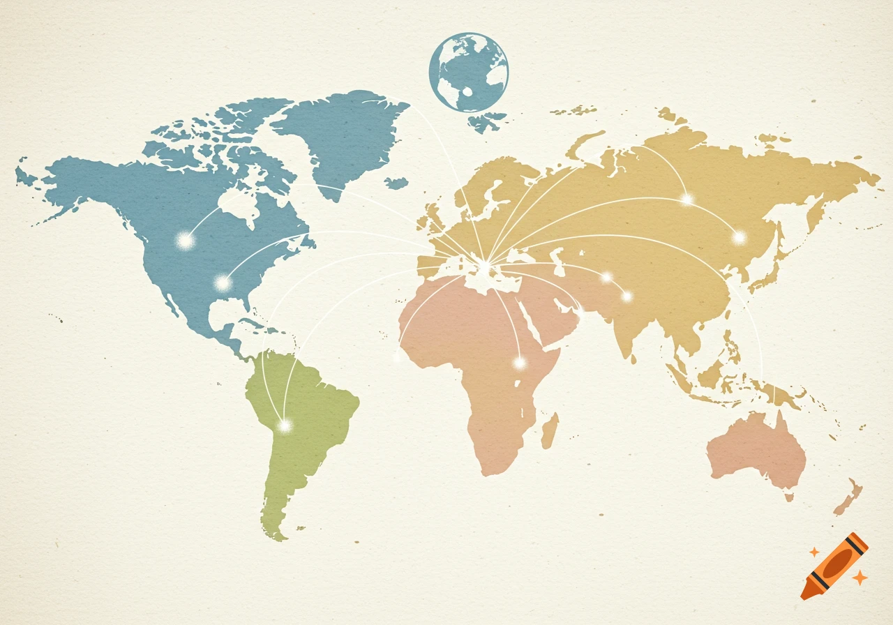 Illustration of a world map with colored continents and lines ...
