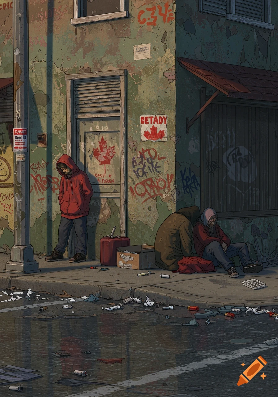 Illustration of people in an urban setting with graffiti and debris ...
