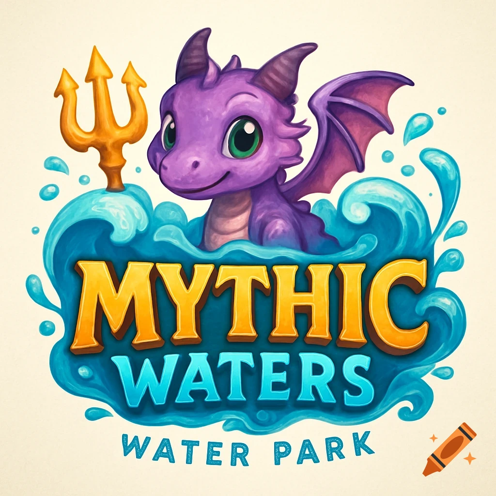 Logo for Mythic Waters Water Park featuring a cartoon purple dragon in ...
