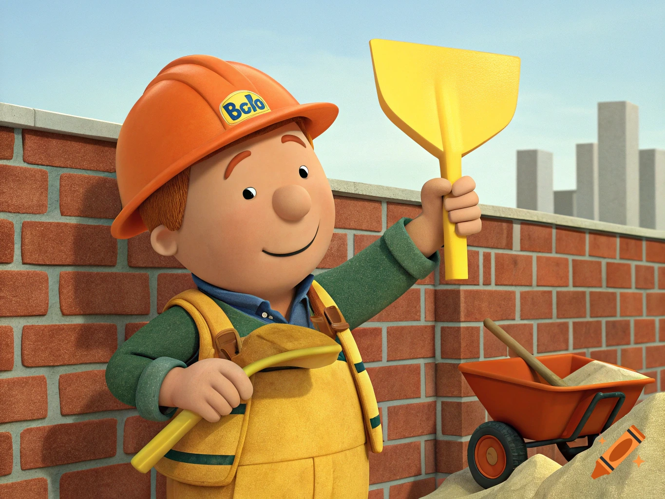 A 3D animated cartoon character resembling Bob the Builder holds a ...