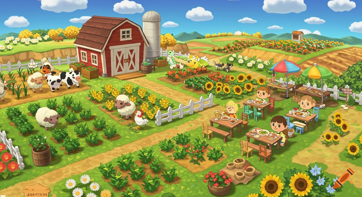 Animal Crossing style farm with barn, fields, animals, and characters ...
