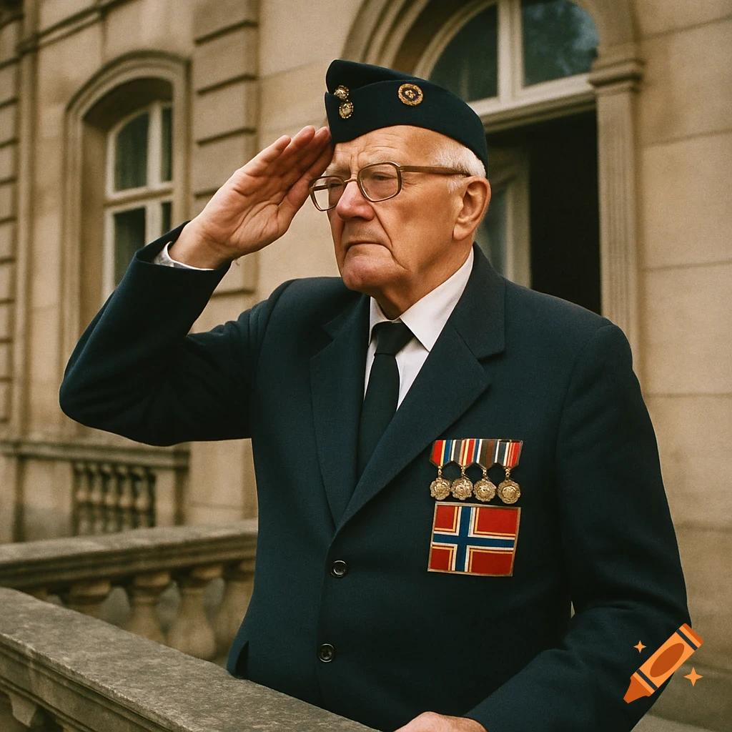 Old Norwegian man in veteran uniform saluting on a balcony on Craiyon