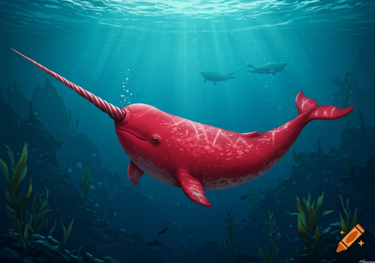 A bright red narwhal swims underwater in an illustration. on Craiyon