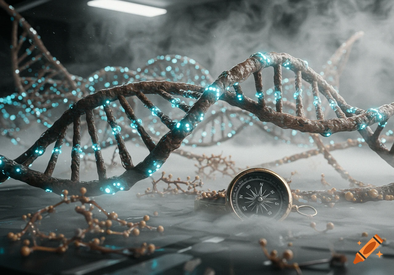 Photorealistic rendering of a DNA strand with glowing points next to a ...