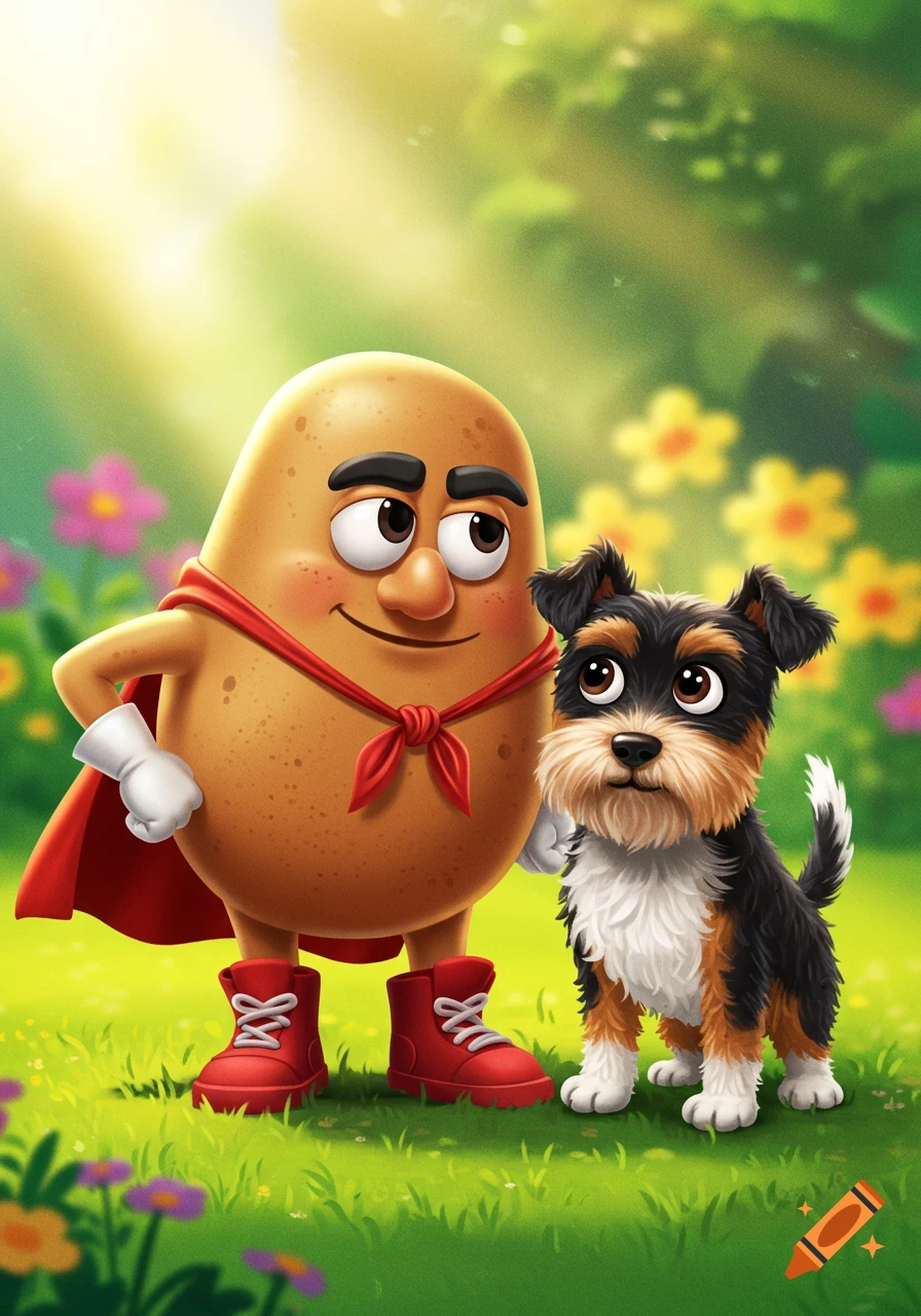 Cartoon potato in a red cape standing with a small dog in a sunny field ...