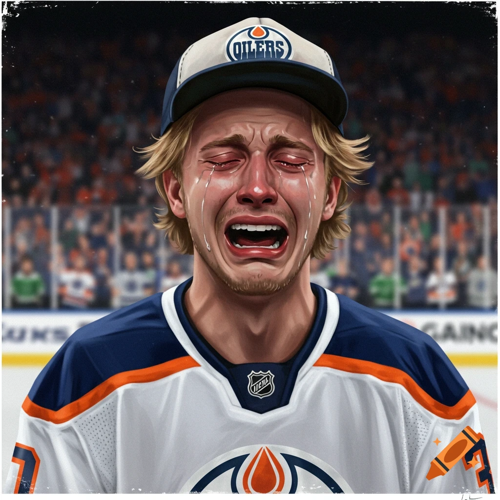 Illustration of a crying hockey player wearing an Oilers hat and jersey ...