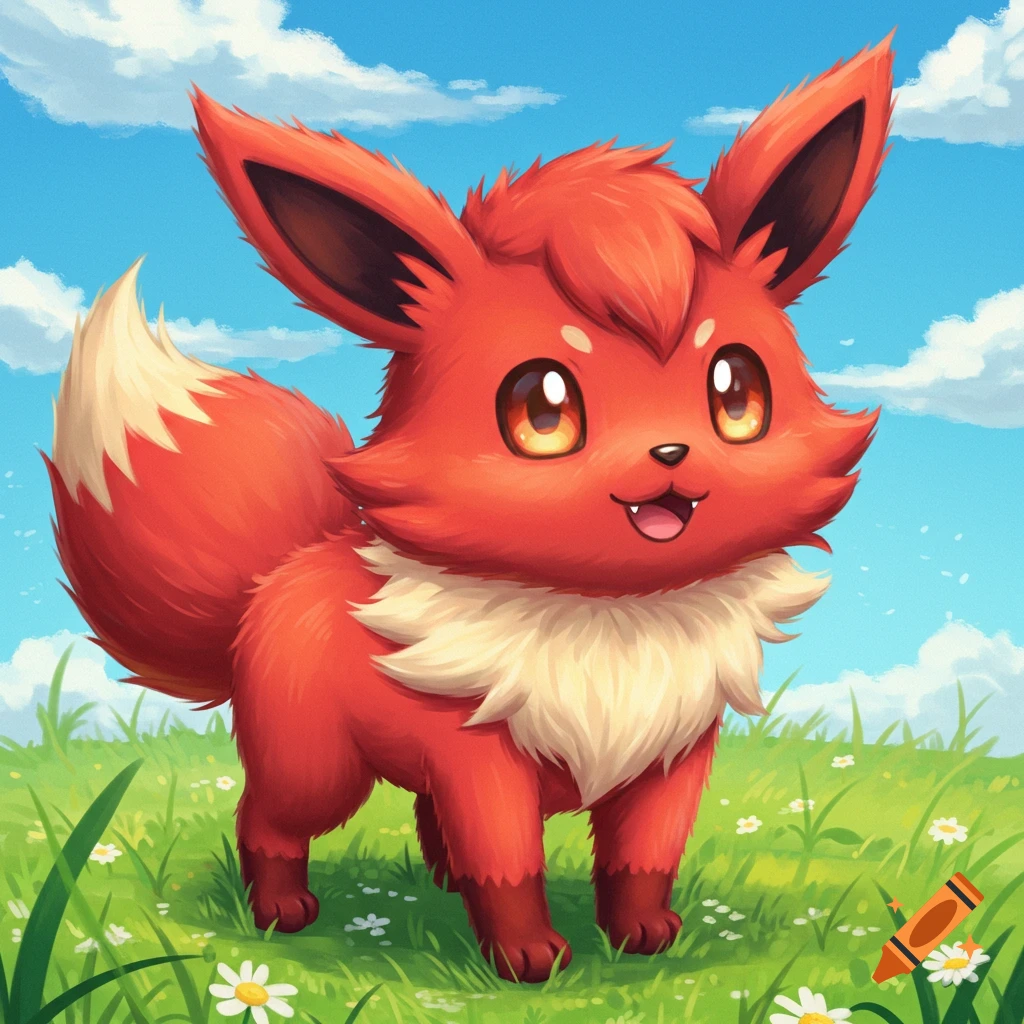 A cute red cartoon creature resembling a Flareon standing in a grassy field with flowers. on Craiyon