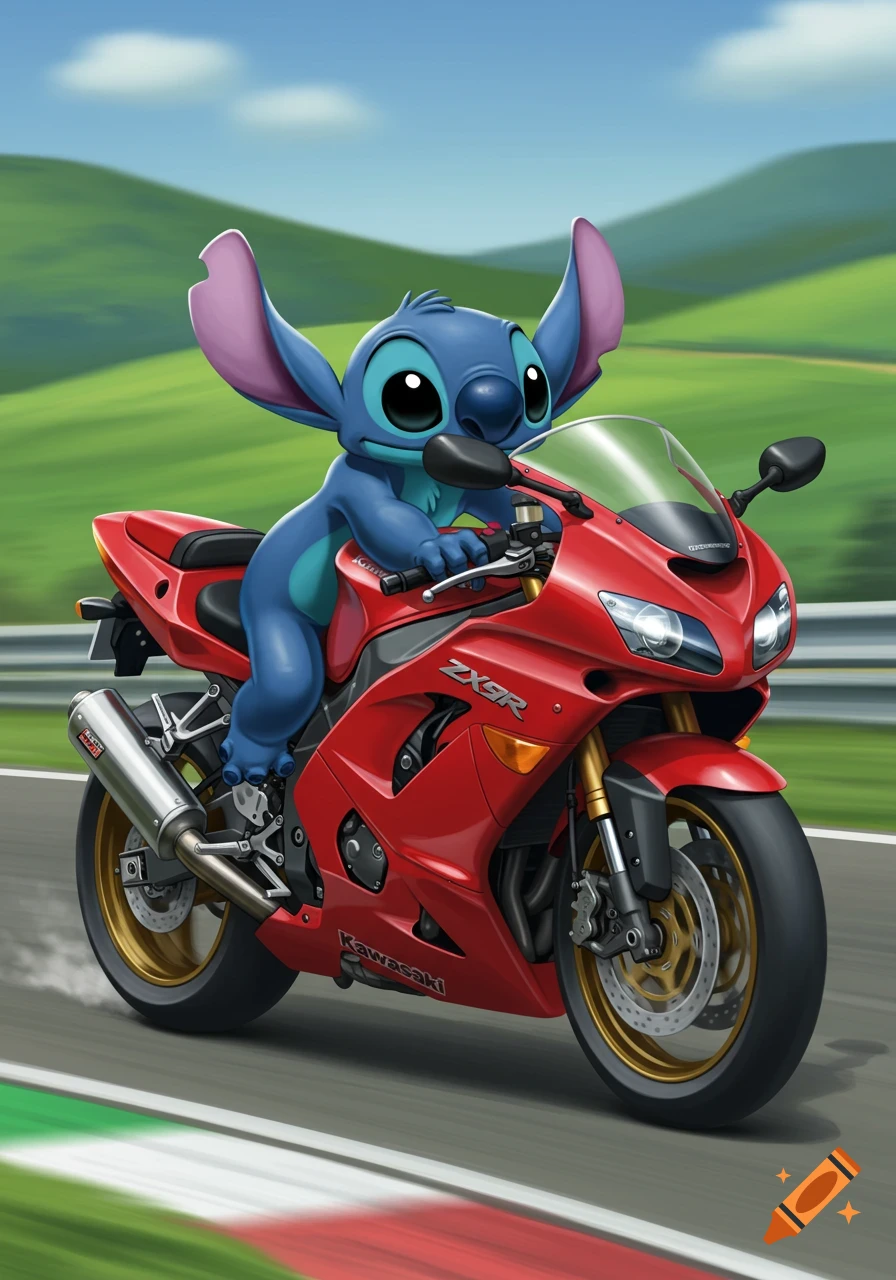 Stitch from Lilo & Stitch riding a red Kawasaki motorcycle on a race ...