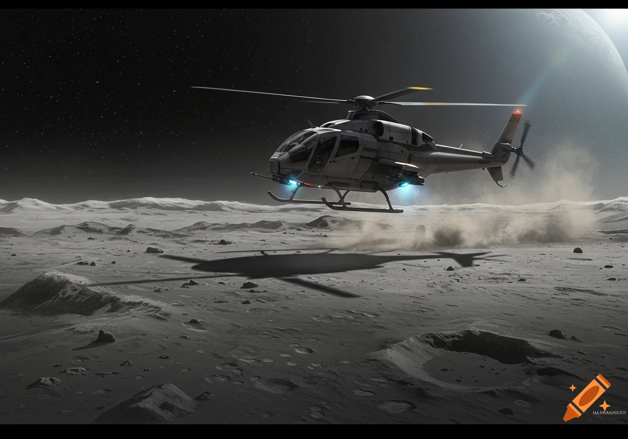 A helicopter hovers low over the dusty, cratered surface of the moon ...