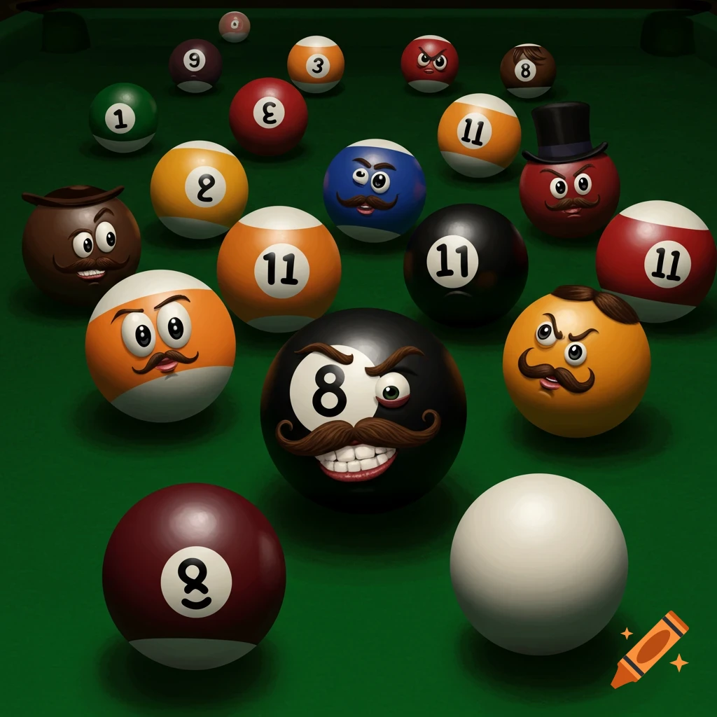 Anthropomorphic billiard balls with faces and mustaches are scattered ...