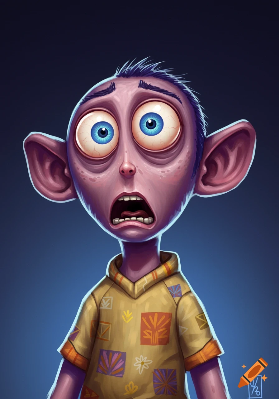 A wide-eyed cartoon character with a startled expression and patterned ...