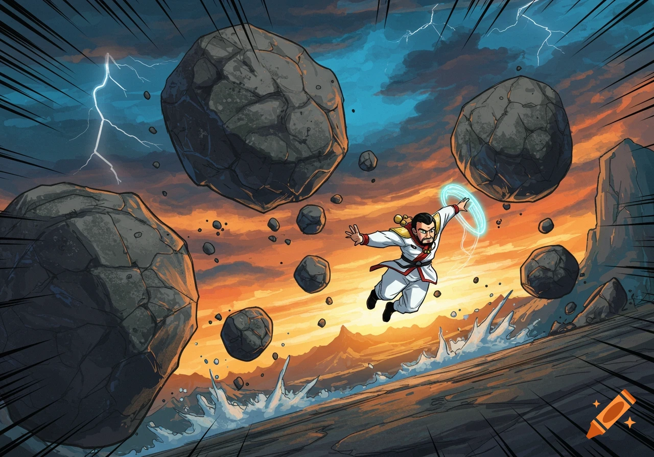 Comic book illustration of a man flying through the sky dodging large ...